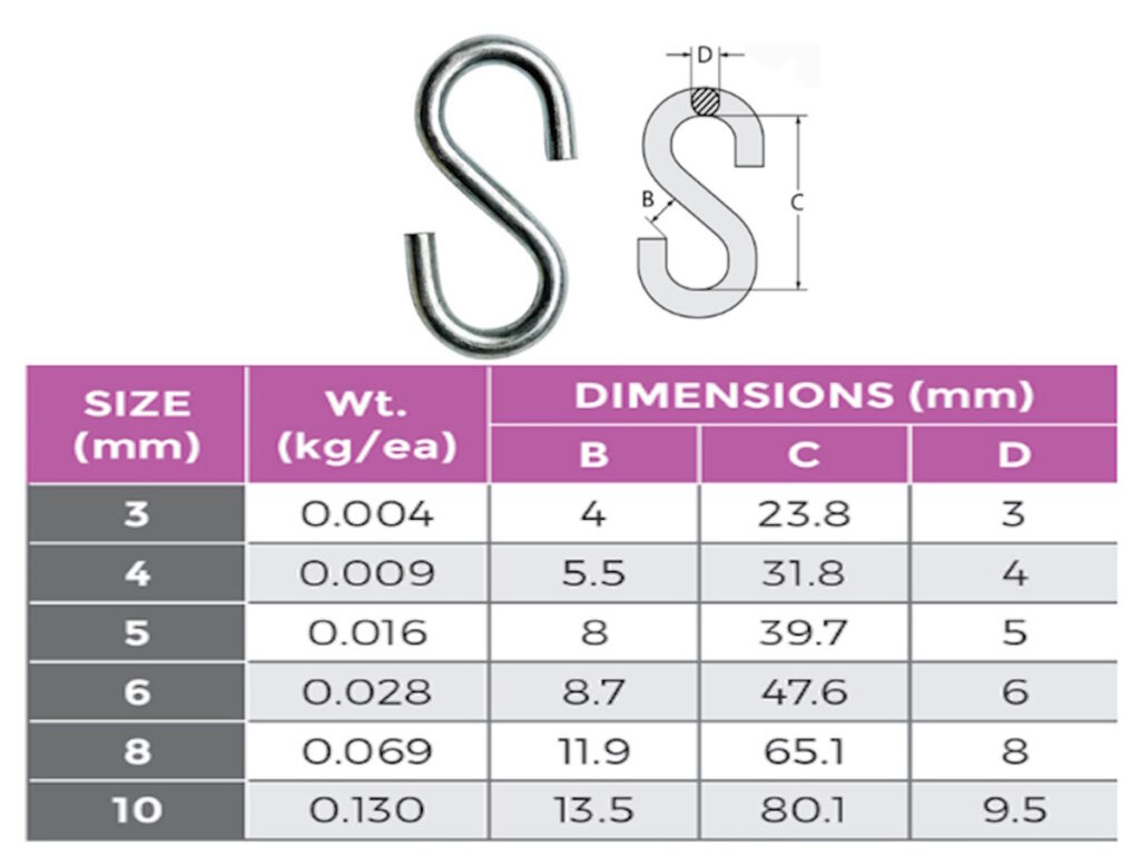 S Hook Zinc Plated Steel ALL SIZES